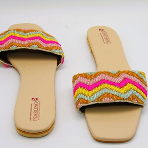 Multi Color Zigzag Pattern Embroidered Flat Sandal, Sandals With Floral ...