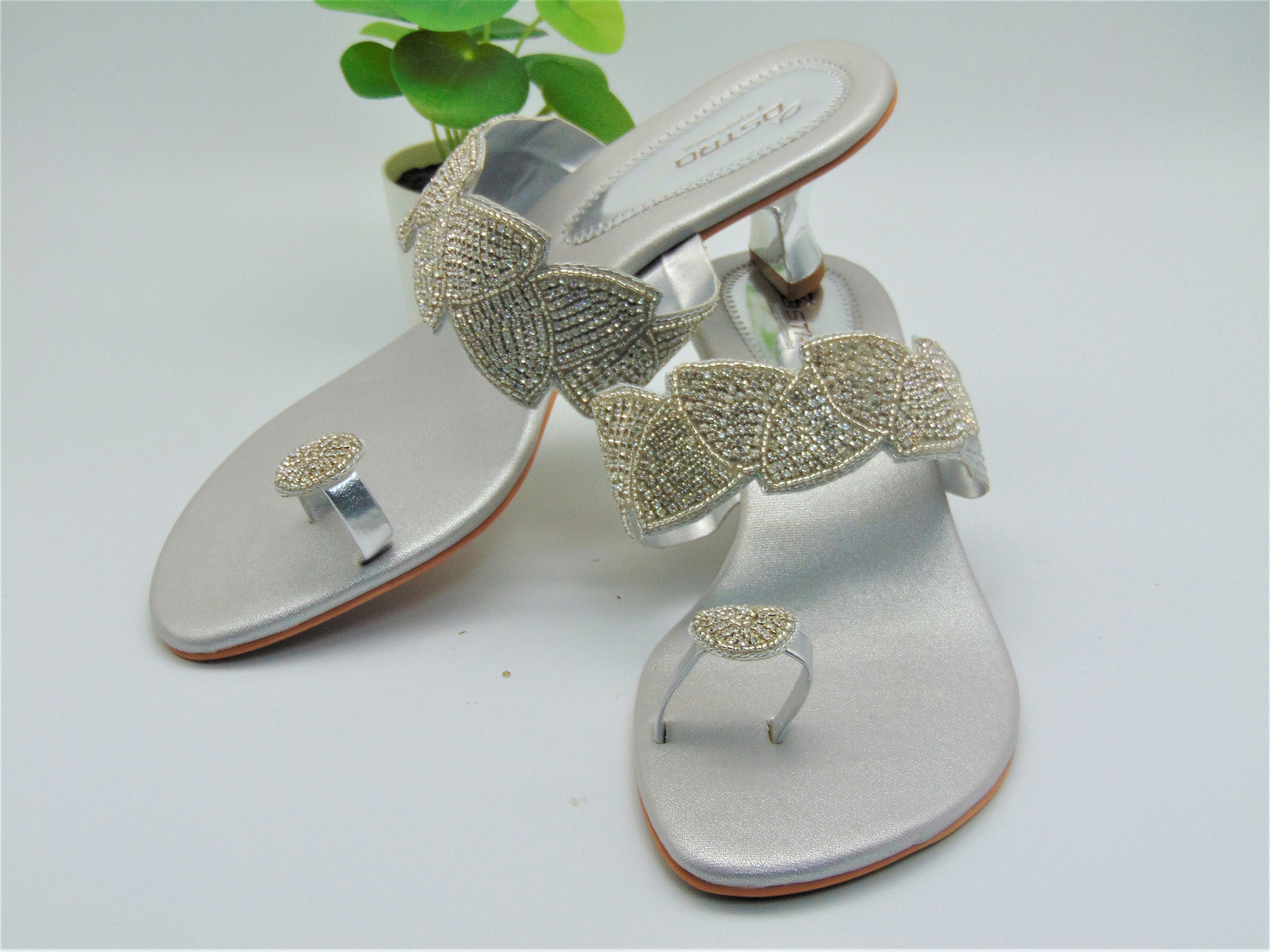 Sliver Toe Ring Wedge Heels With Embroidered Sliver Beads on a Petal ...