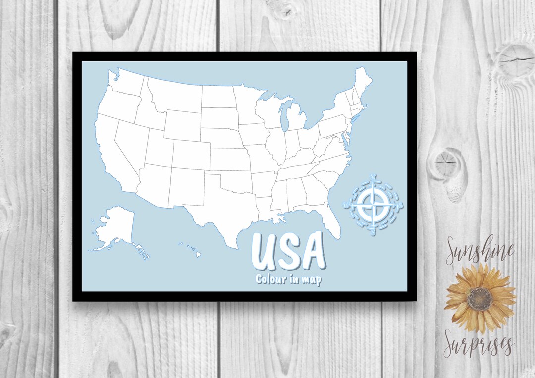 Colour in Map of USA States America A4 Print Travel Adventure Small ...