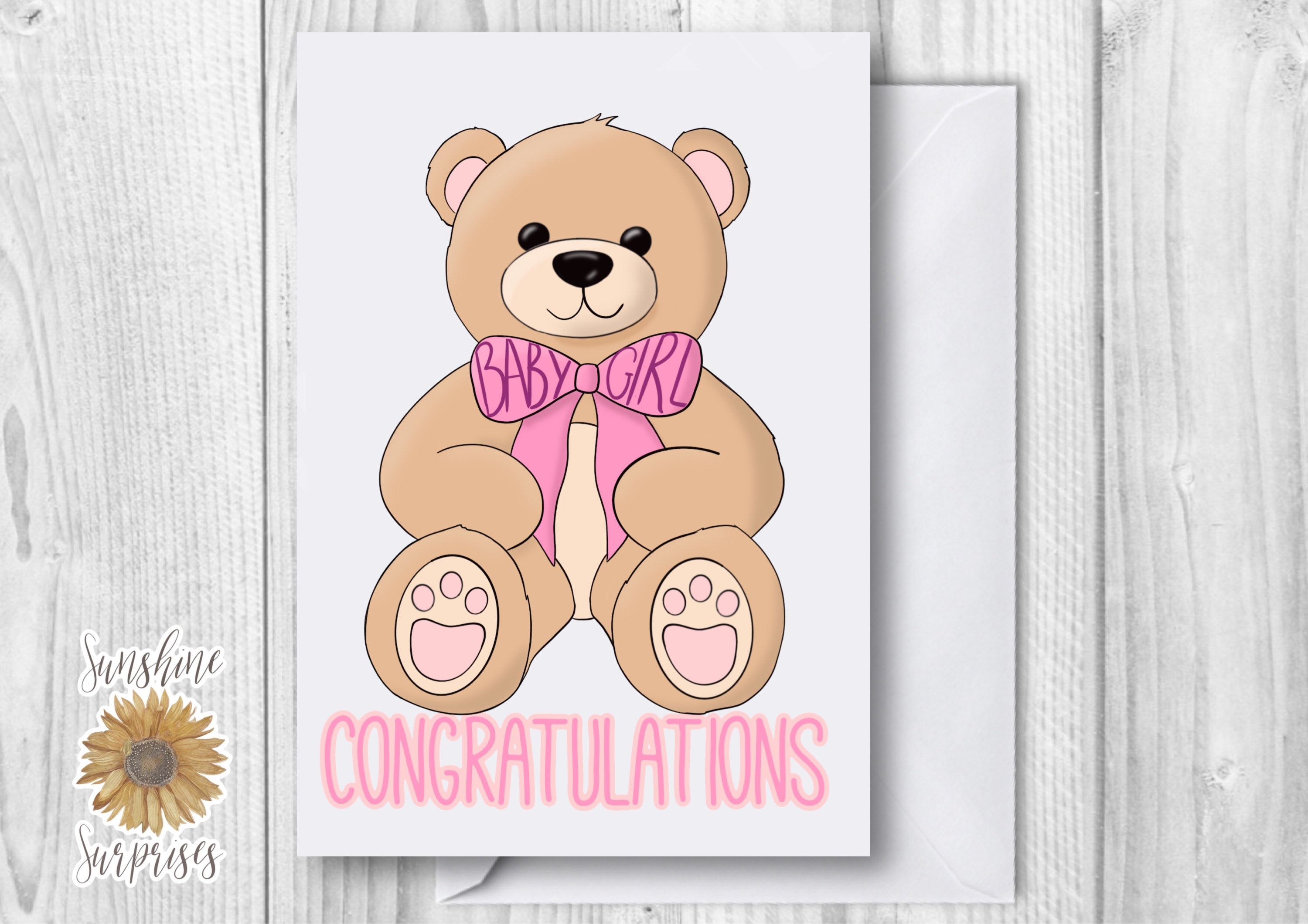 Baby girl Congratulations Card Teddy Bear Cute New Baby | Etsy