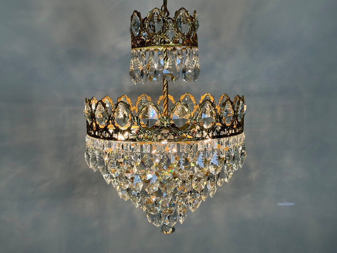 Antique / Vintage Brass & Crystals Chandelier Lighting Lamp French Gold ...