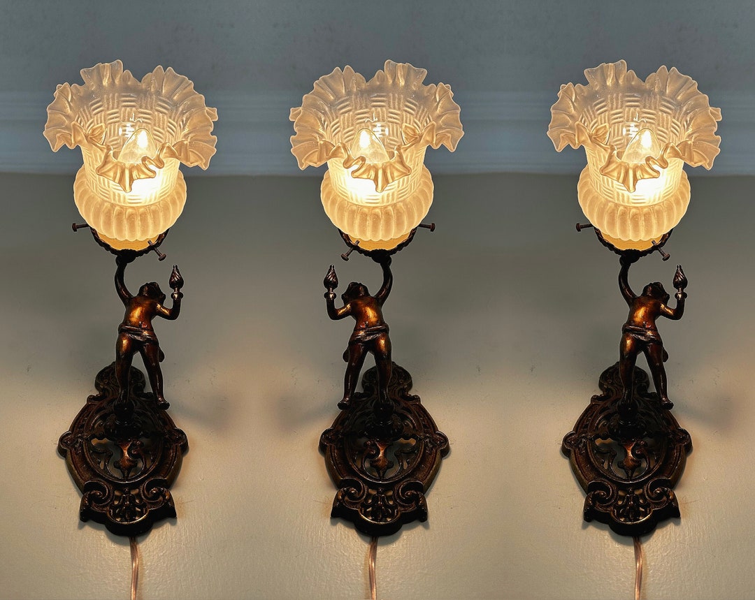 Matching 3 Antique / Vintage Sconces Lighting With Angels Brass & Glass ...