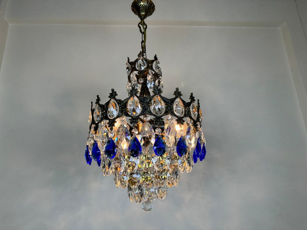 Antique / Vintage Chandelier Lighting Brass & Blue Crystals Chandelier ...
