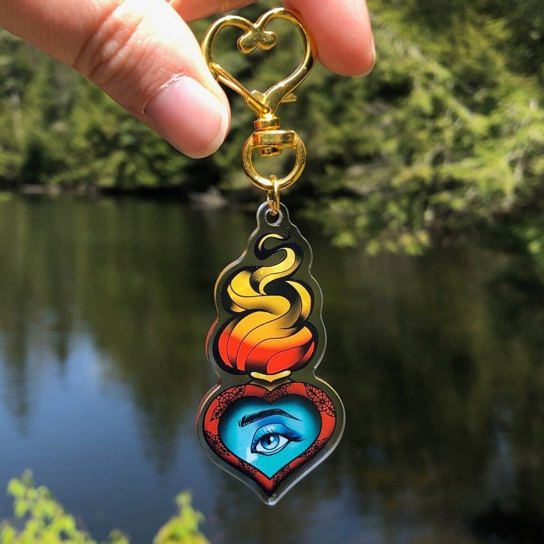 Tattoo Flaming Heart Bag Charm Keychain Acrylic and Metal Clasp - Etsy