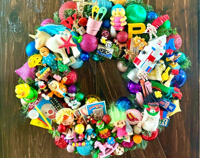 Retro Upcycled 1980's Vintage Toys Christmas Wreath Kitsch Colorful ...