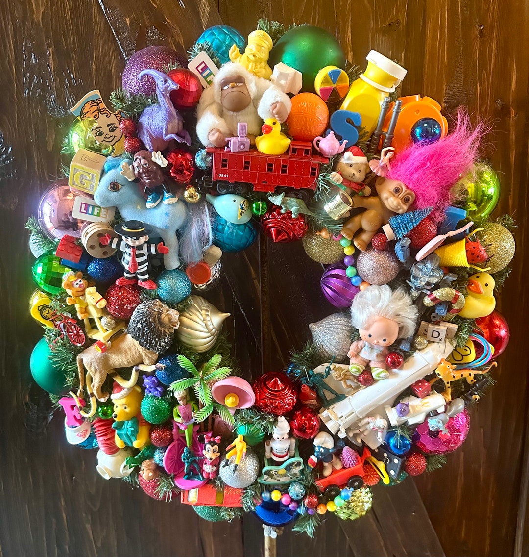 Upcycled Retro 1980's Vintage Toys Christmas Wreath Kitsch Colorful ...