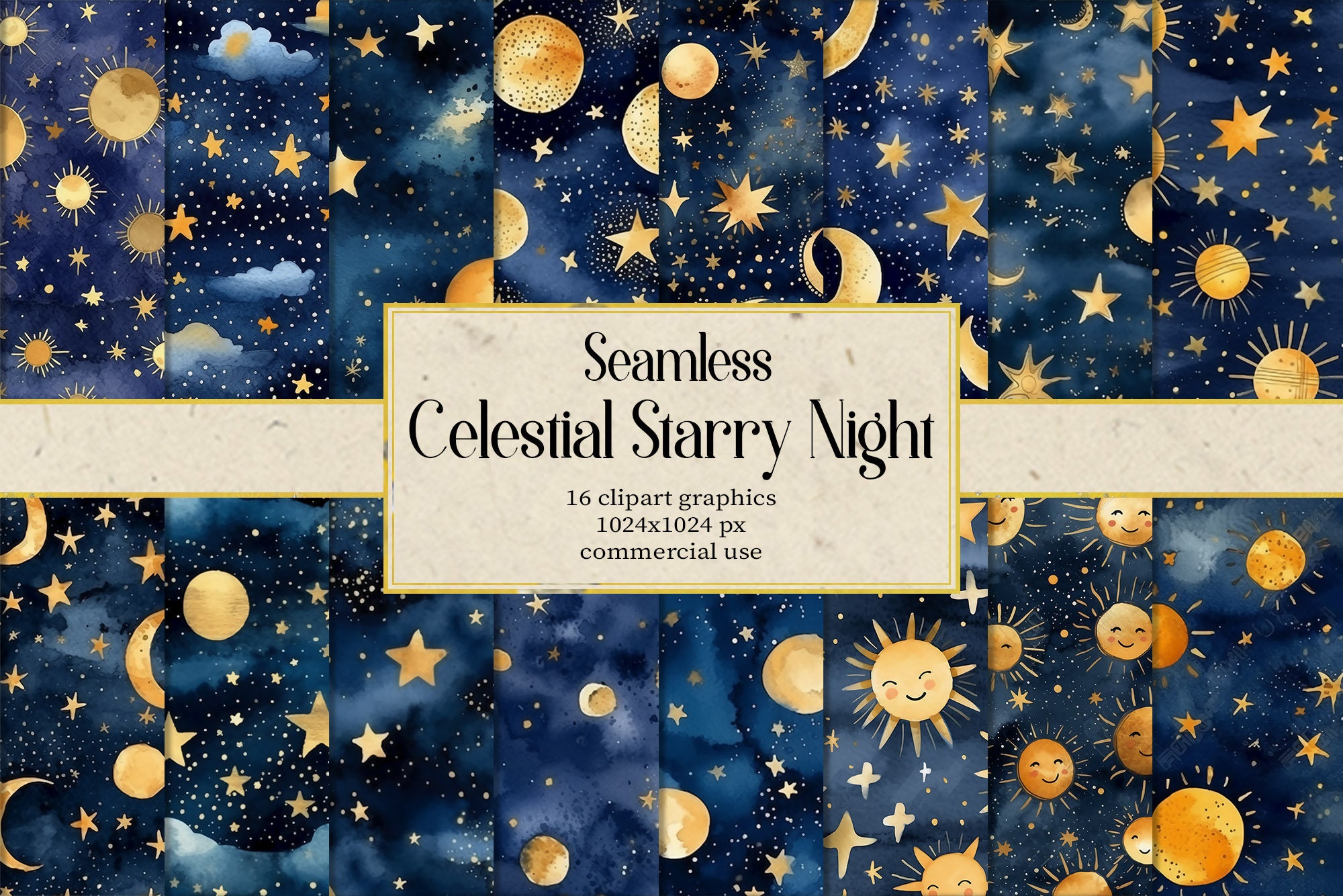 16 Seamless Celestial Starry Night Digital Paper, Navy Watercolor, Gold ...
