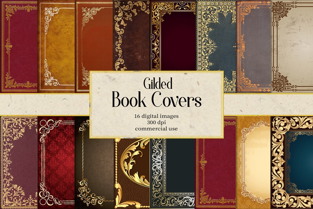 16 Gilded Book Covers Gold Digital Paper, Ornamental Book Textures Gold ...