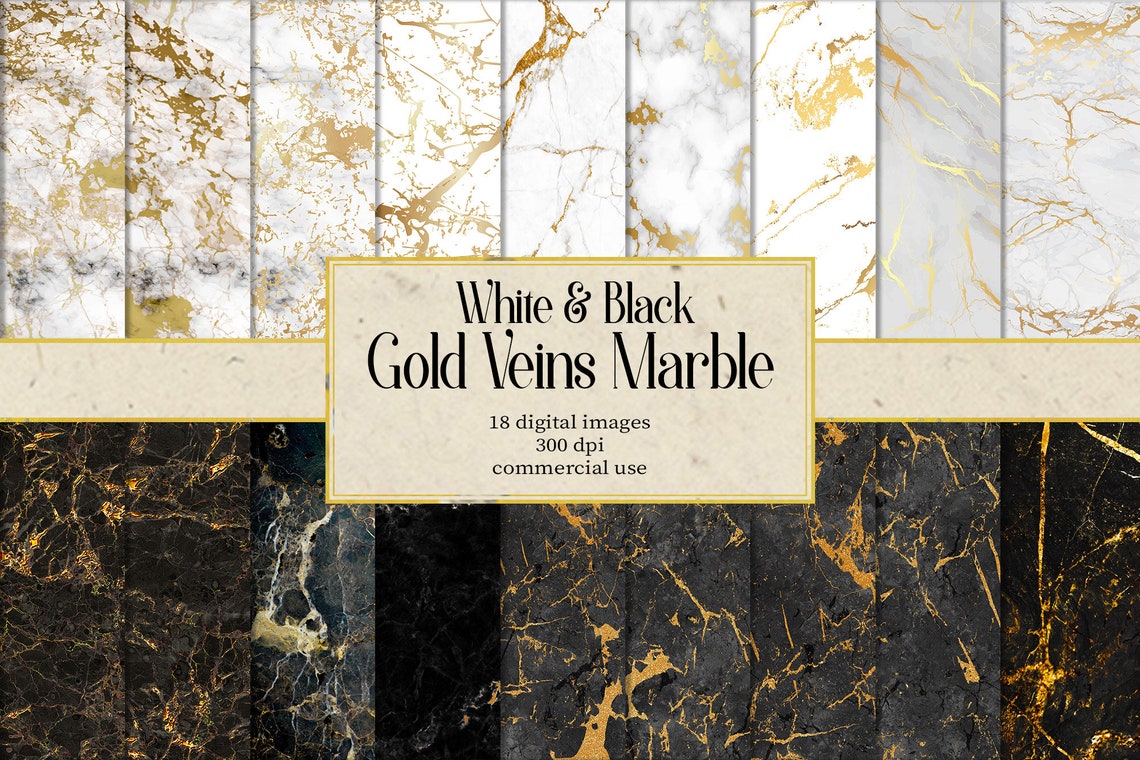 Seamless Black White Gold Marble Digital Paper, Background Textures ...
