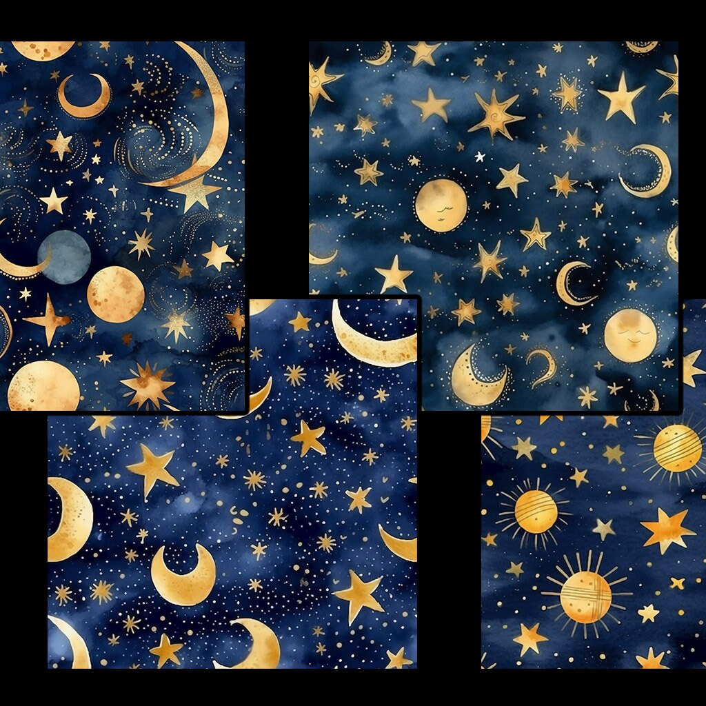 16 Seamless Celestial Starry Night Digital Paper, Navy Watercolor, Gold ...