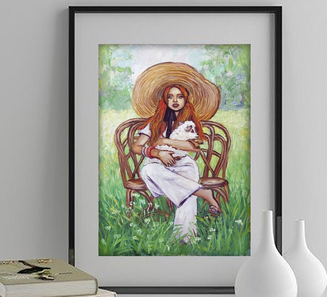 Red-haired Beautiful Girl With a Lamb Hand Original Oil Painting ...
