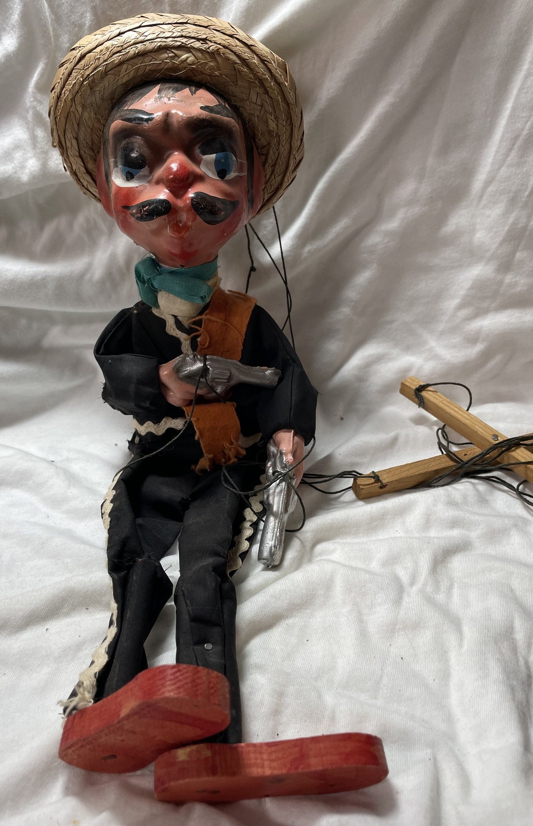 Vintage Handmade Folk Art Puppet Marionette Mexico Plaster Head Bandito ...