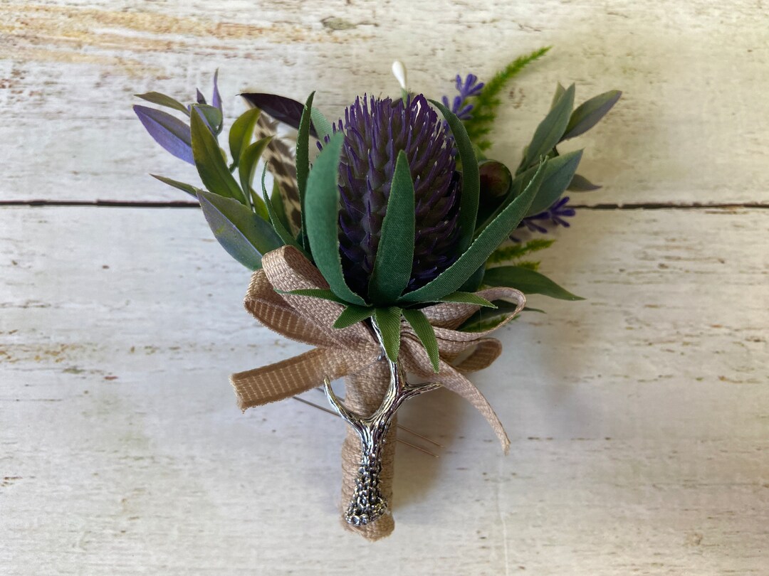 Gents Artificial Faux Thistle Purple Teasel Cone Flower Buttonhole ...