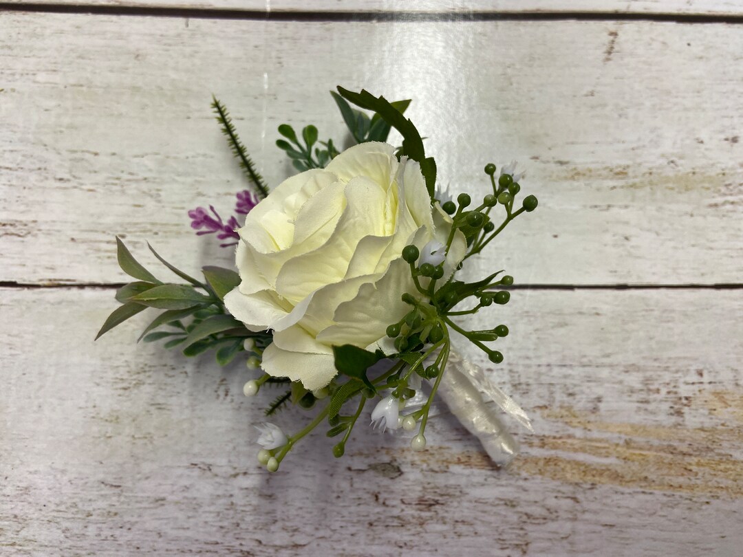 Ladies/gents Artificial Faux Ivory Rose Wedding Buttonhole ivory Ribbon ...