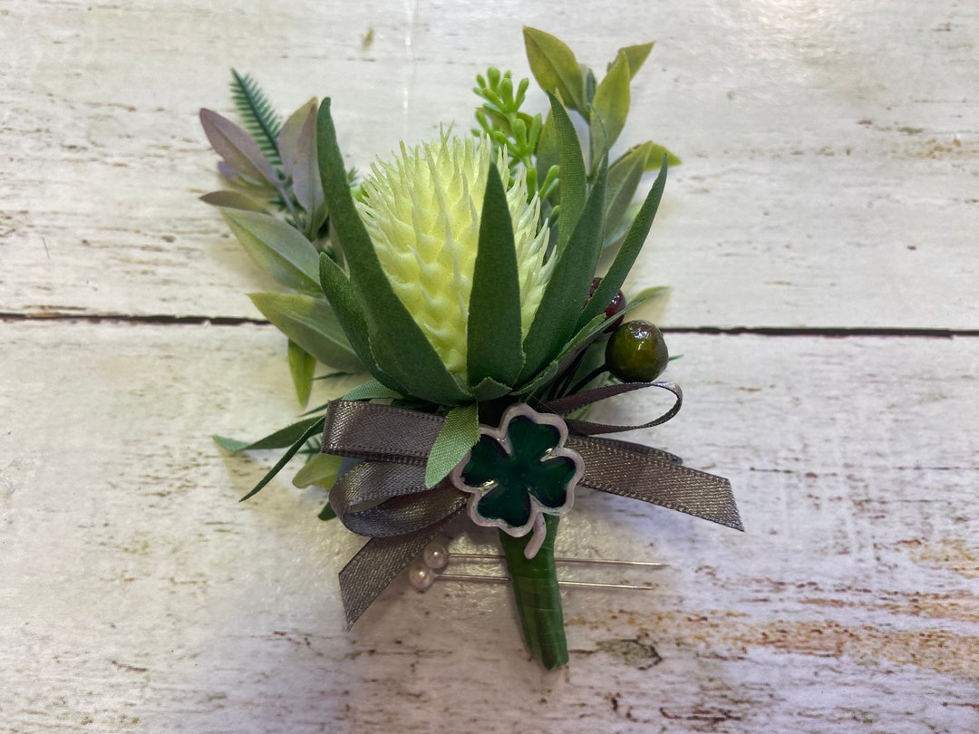 Gents Faux Thistle Light Green Teasel Cone Buttonhole hand Made Silver ...