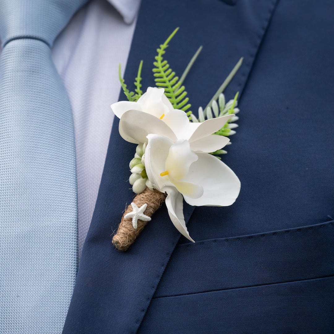 Faux White Orchid Beach Wedding Buttonhole With Starfish - Presentation ...