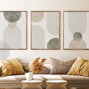 Green and Beige Mid Century Modern Geometric Art Set of 3 Prints, Boho ...