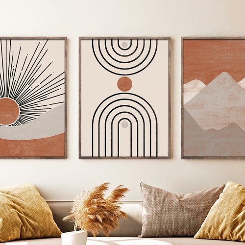 Mid Century Modern Geometric Sun Print Set of 3 Prints - Etsy