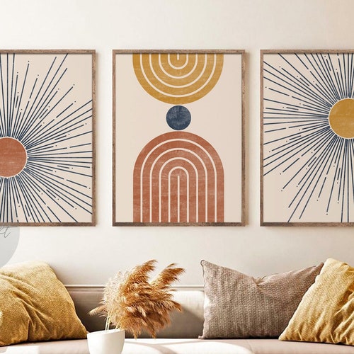 Mid Century Wall Art Set of 3 Prints Navy Blue and Mustard - Etsy