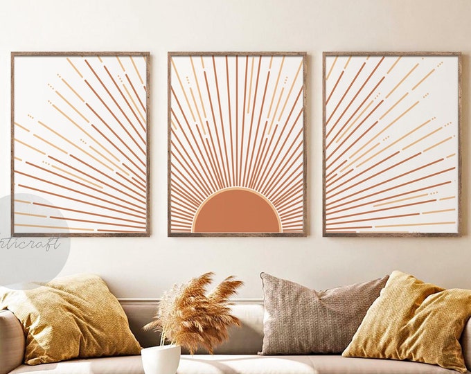 Sun Print Set of 3, Boho Minimal Sun in Light Terracotta Pastels, Mid ...
