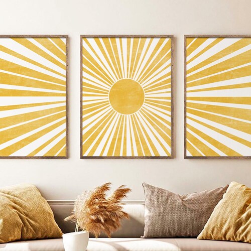 Yellow Sun Print Set of 3 Wall Decor Boho Sun Mid Century - Etsy