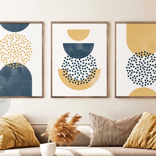 Mid Century Modern Wall Art Print Set of 3 Blue and Beige - Etsy