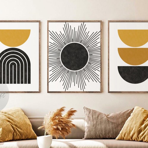 Mid Century Modern Art Set of 3 Prints Mustard Yellow Navy - Etsy