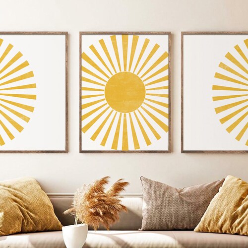 Yellow Sun Print Set of 3 Wall Decor Boho Sun Mid Century - Etsy