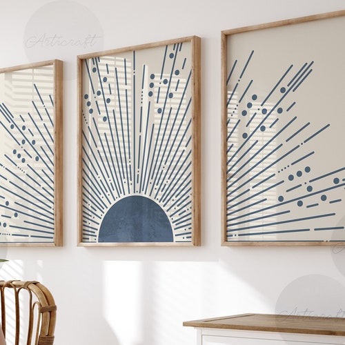 Navy Blue Sun Print Set of 3 Mid Century Modern Geometric Sun - Etsy