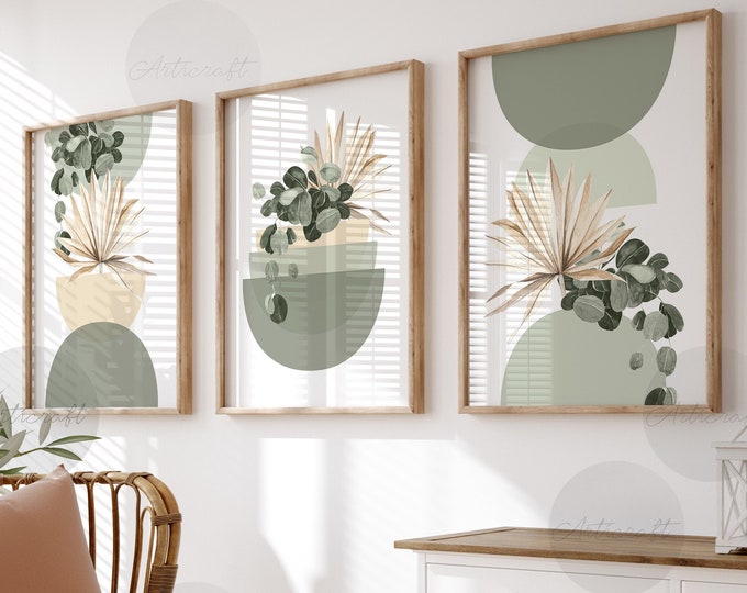 Set of 3 Boho Wall Prints, Sage Green Mid Century Modern Botanical Boho ...