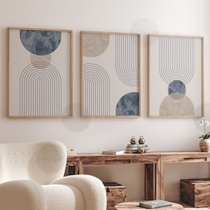 Mid Century Modern Geometric Art Set of 3 Prints, Beige and Navy Blue ...