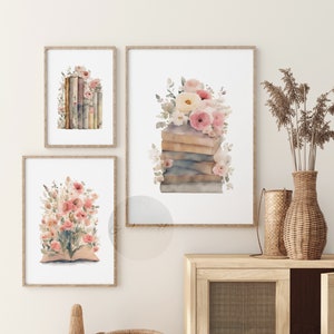 Watercolor Flower Book Print Set of 3, Bookish Print, Boho Gallery Wall ...
