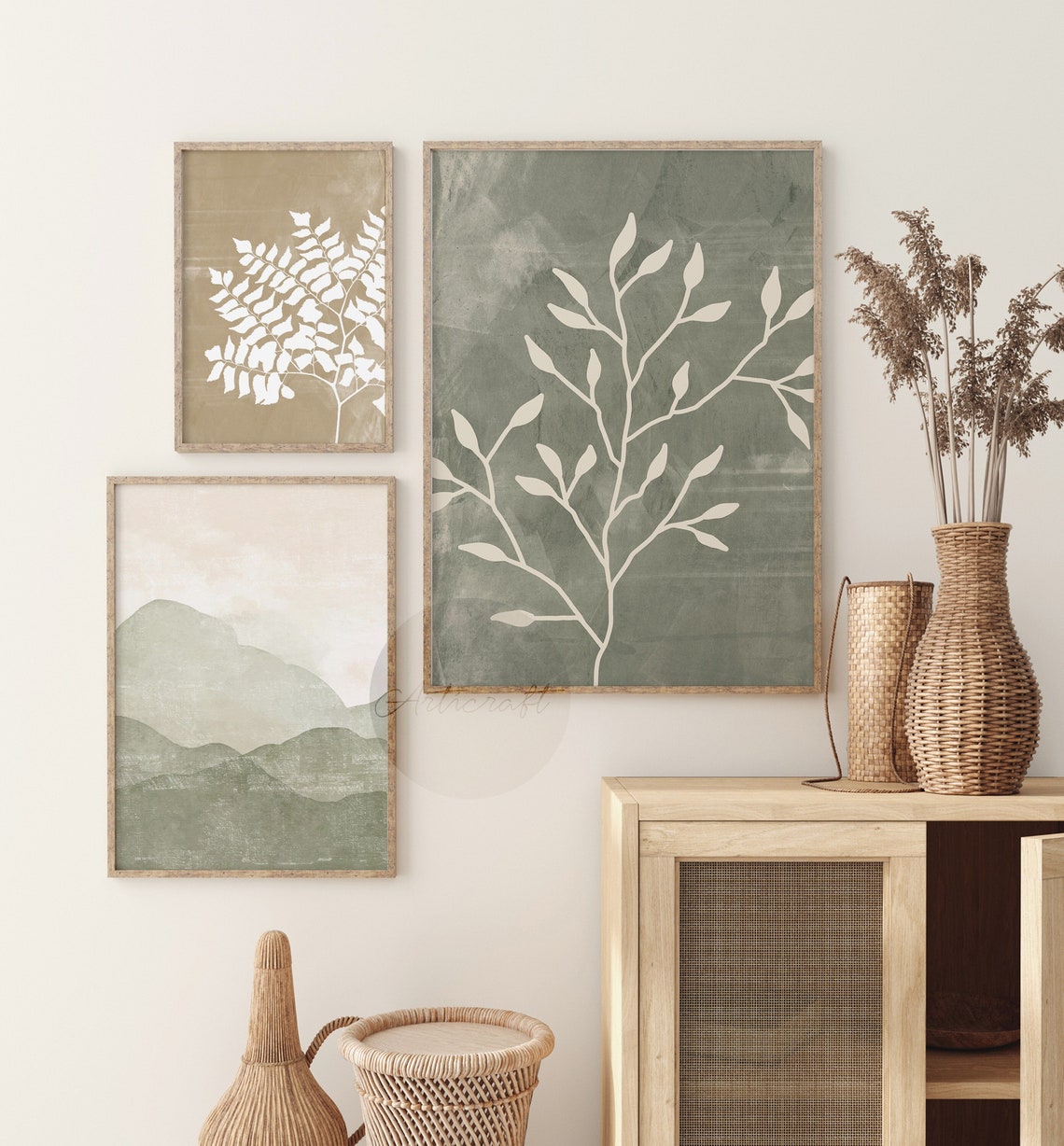 Abstract Green Botanical Art Set of 3 Prints, Boho Gallery, Olive Green ...