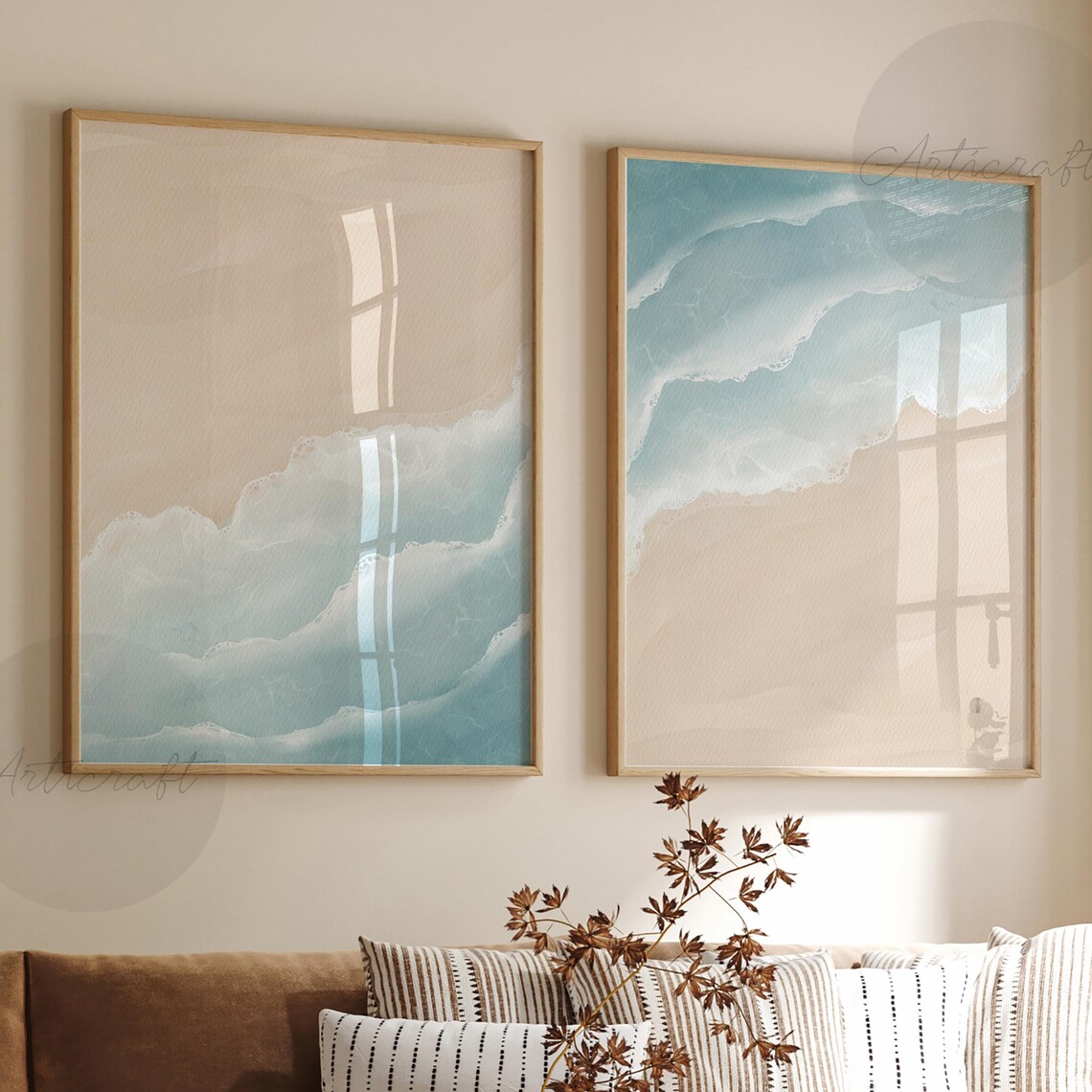 Abstract Beach Print Set of 2, Watercolor Ocean Wall Art, Aqua Blue ...