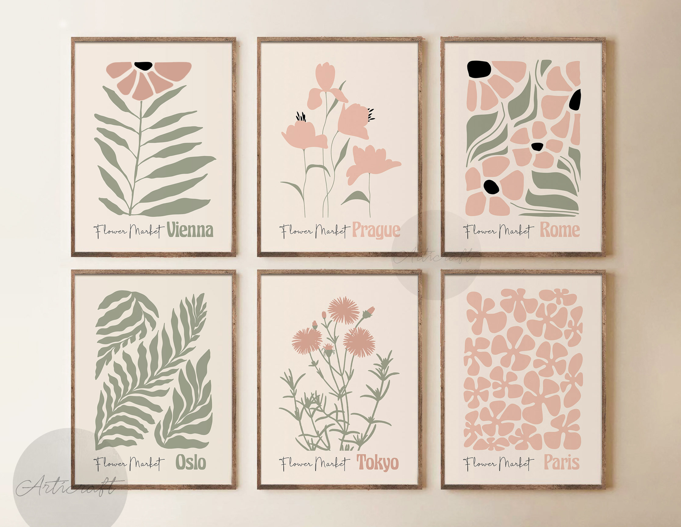Boho Botanical Print Set of 6, Blush Pink and Sage Green Wall Art ...