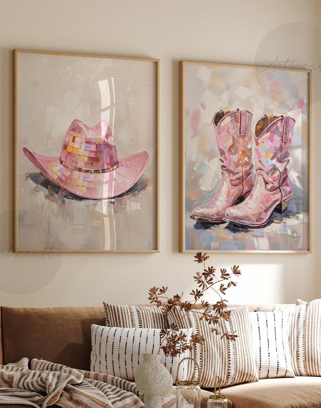 Cowgirl Print Set of 2, Disco Ball Pink Boots, Hat, Retro Preppy ...