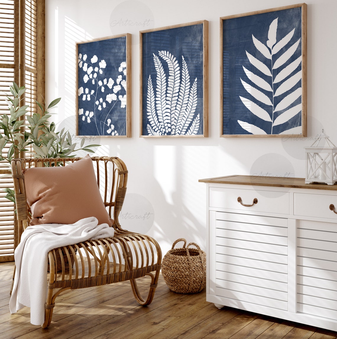 Navy Blue Fern Set of 3 Botanical Gallery Wall Art Boho Navy - Etsy