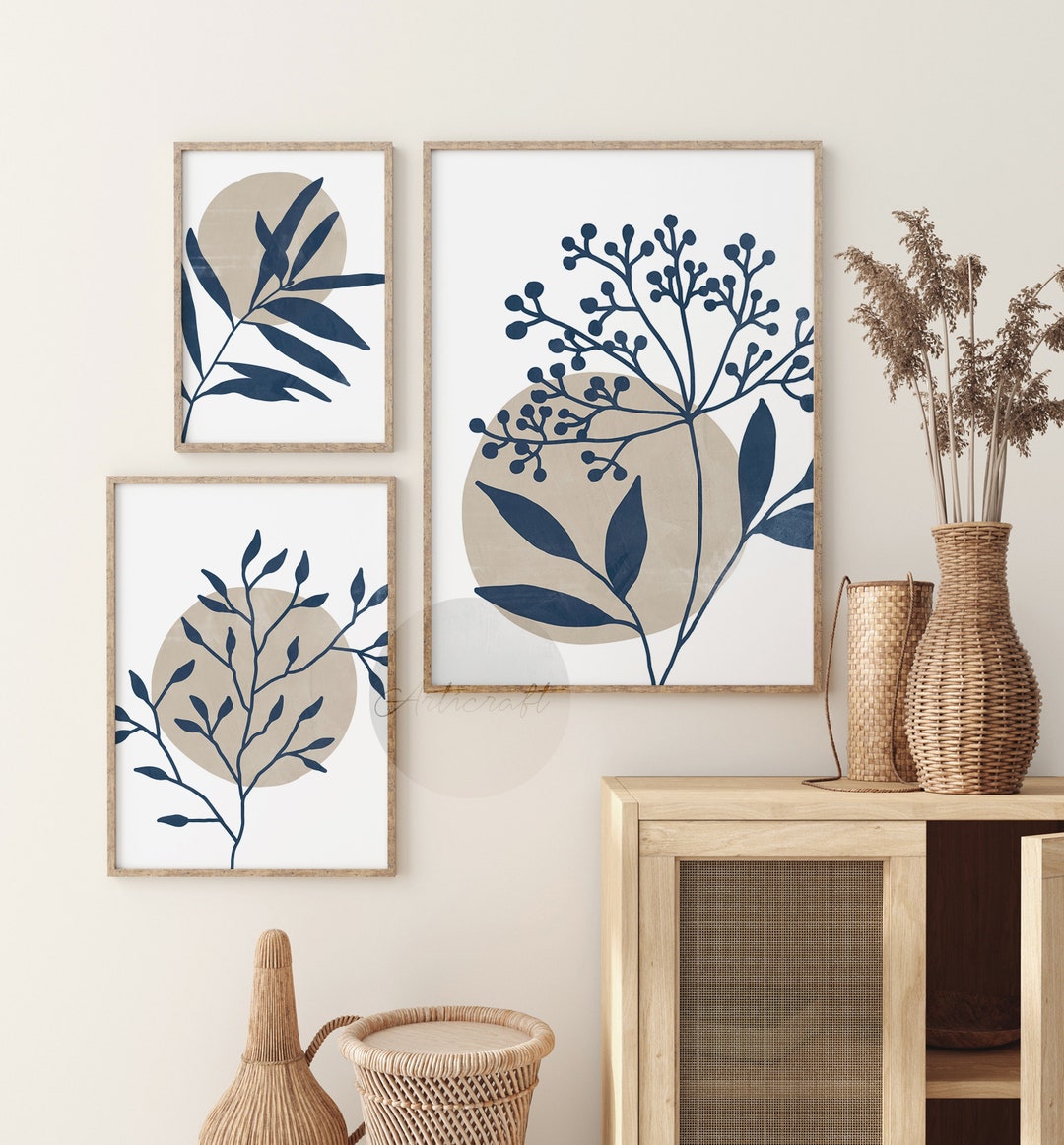 Abstract Botanical Art Set of 3 Prints, Boho Gallery Wall Art, Navy ...