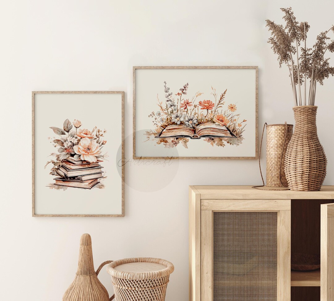 Watercolor Flower Book Print Set of 2, Bookish Print Boho Gallery Wall ...