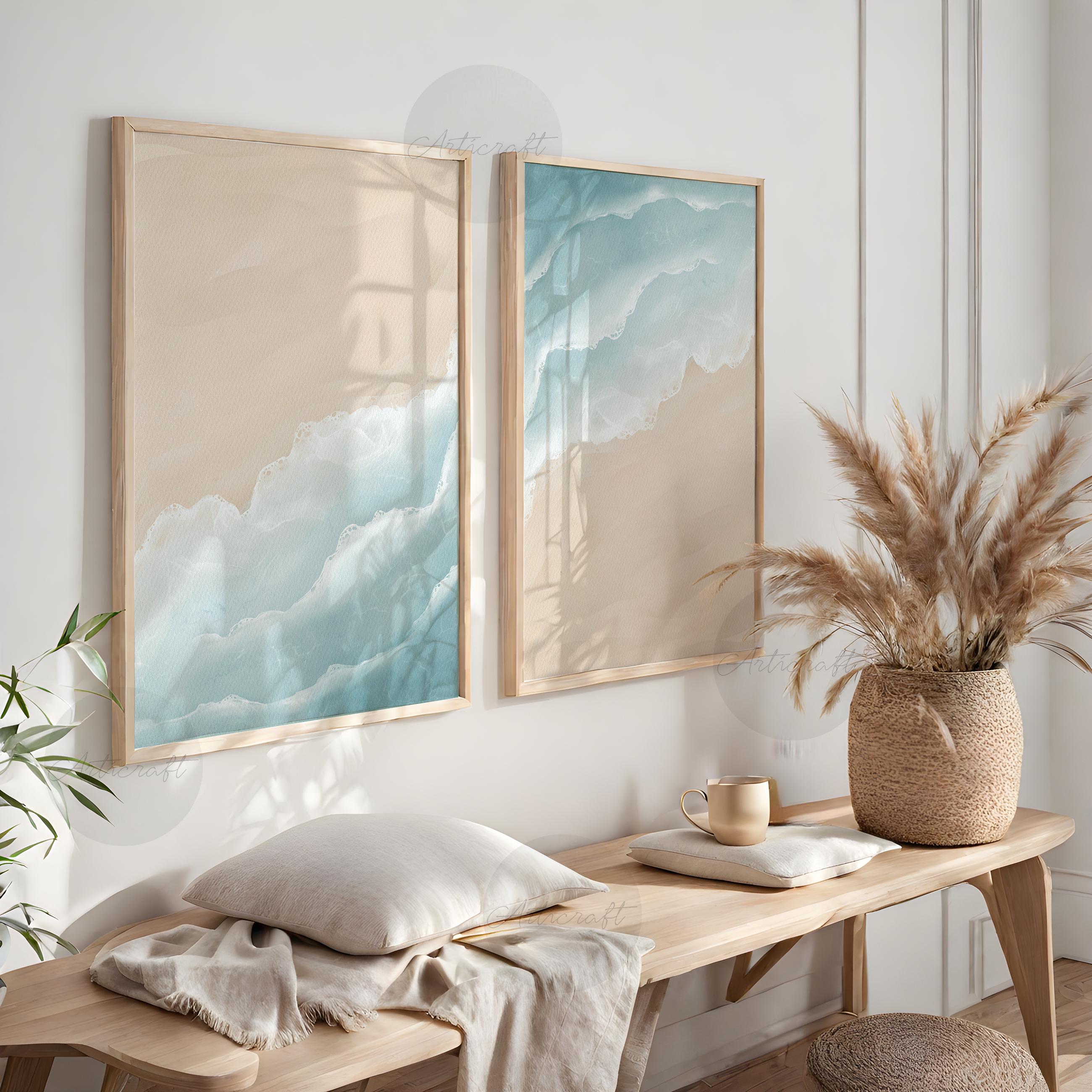 Abstract Beach Print Set of 2, Watercolor Ocean Wall Art, Aqua Blue ...