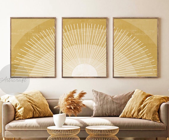 Yellow Sun Print Set of 3 Boho Sun Mid Century Modern | Etsy