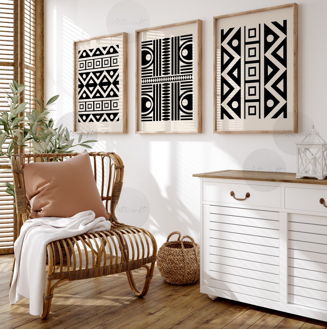 Abstract Black Beige Geometric Print Set of 3, Digital Rug Pattern Wall ...