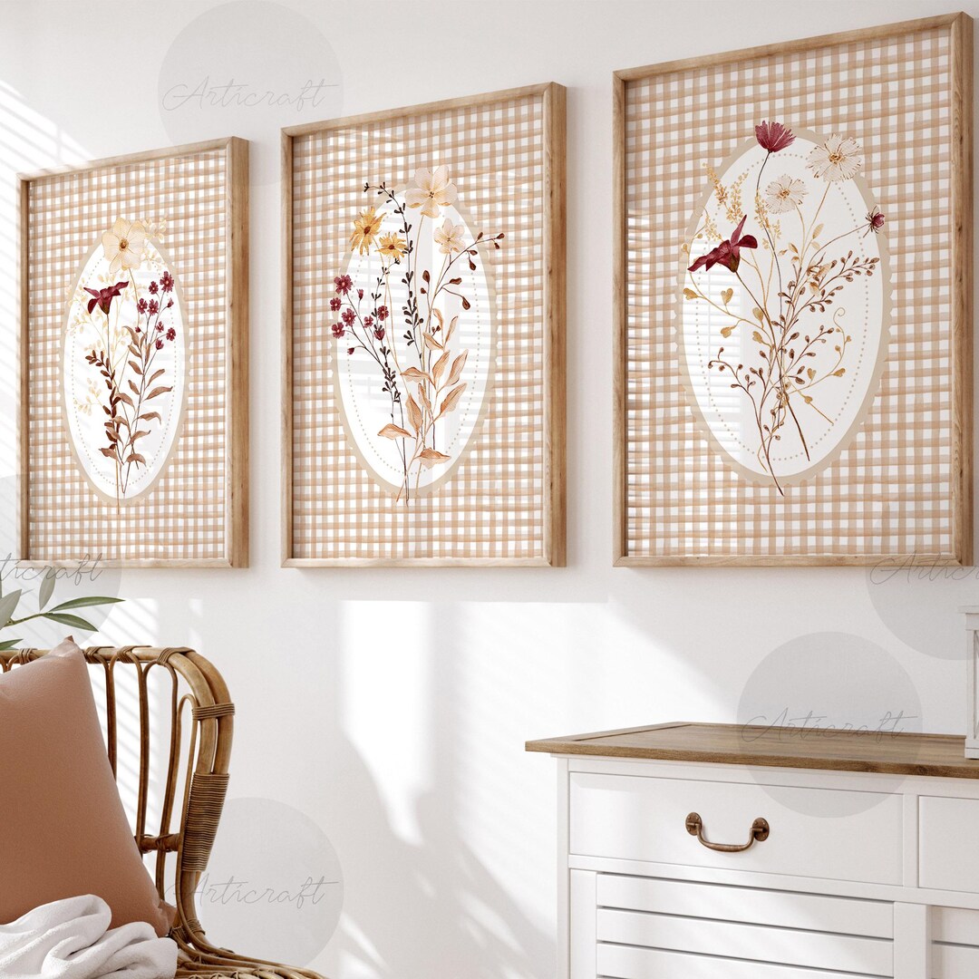 Neutral Gingham Floral Printable 3 Set Retro Beige Flowers Wall Art ...