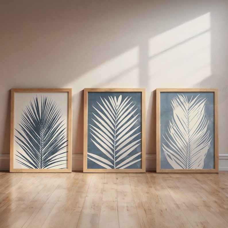 Blue Boho Palm Leaves Printable Art, Botanical Print Set of 3, Tropical ...