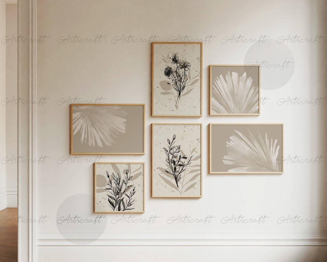 Neutral Botanical Print Set of 6, Black Line Gallery Wall Art, Flowers ...