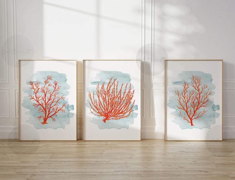 Watercolor Coral Print Set of 3, Coastal Wall Art, Ocean Aqua Blue and ...