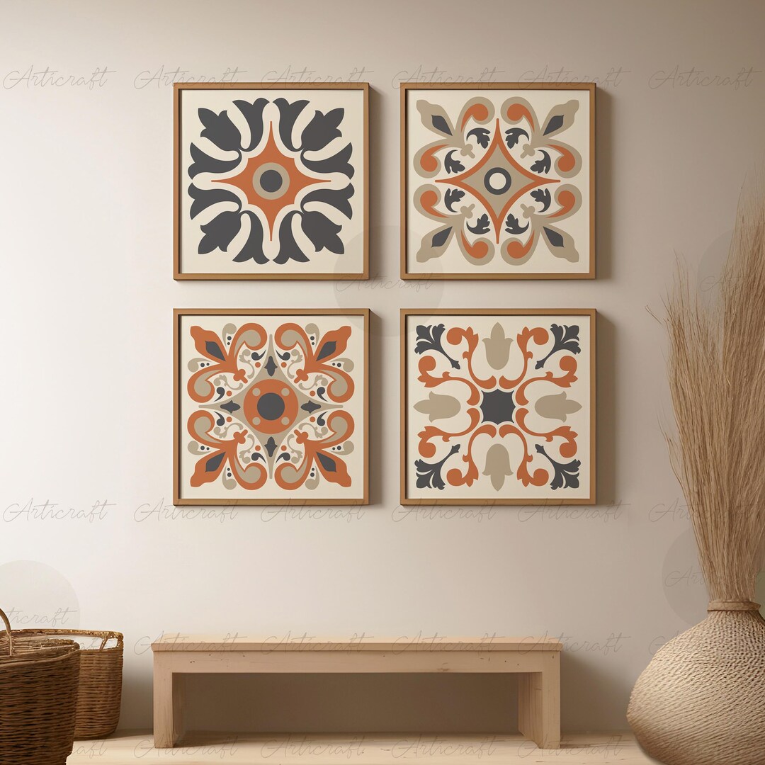 Oriental Tiles Print Set of 4, Moroccan Digital Tile Wall Decor, Pastel ...