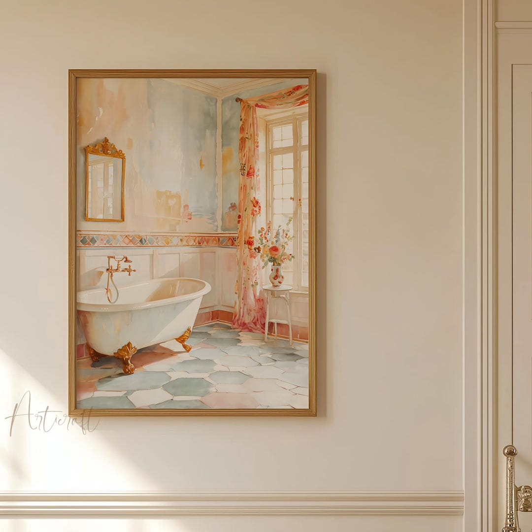 Bathroom Retro Printable Poster, Bathtub, Retro Floral Bathroom Poster ...