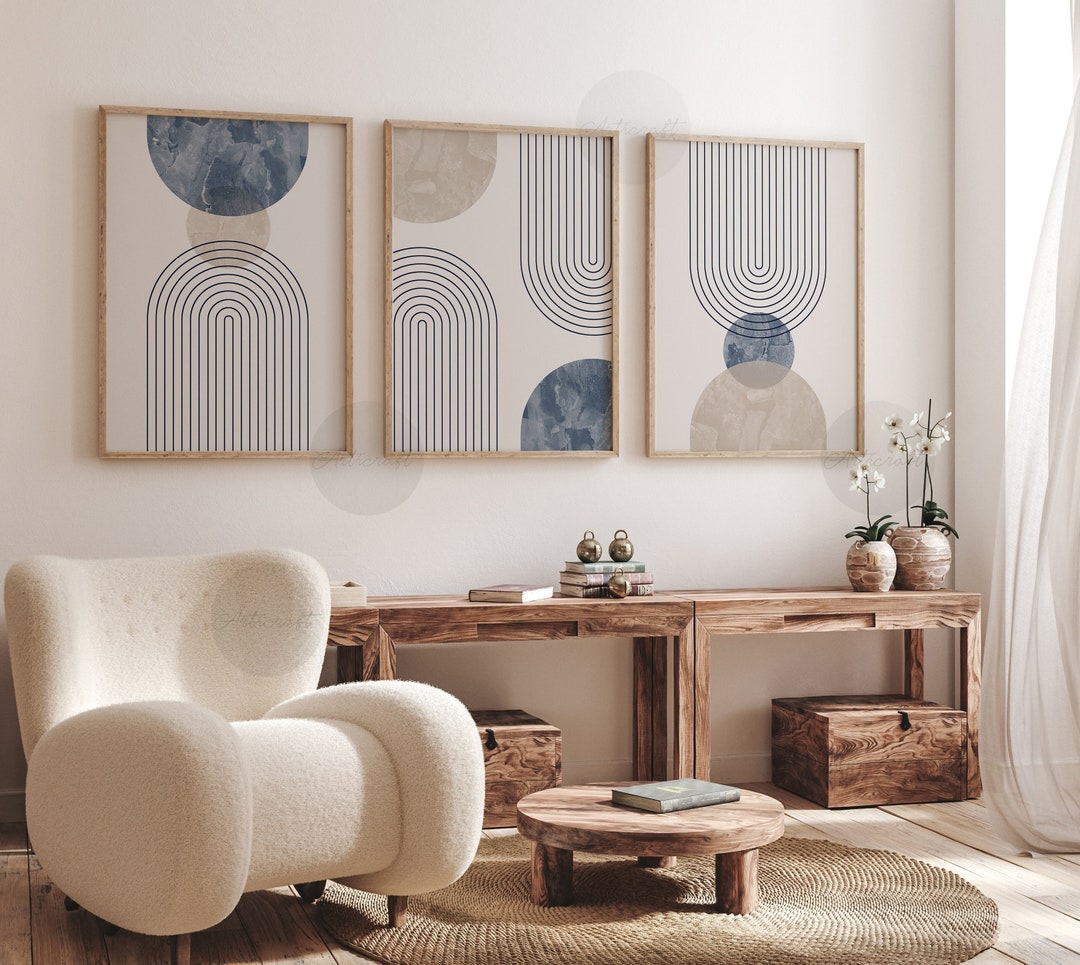 Mid Century Modern Geometric Art Set of 3 Prints, Beige and Navy Blue ...