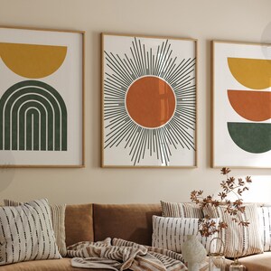 Mid Century Modern Art Set of 3, Printable Geometric Sun Art, Abstract ...